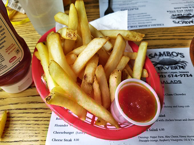Sometimes the supporting actors steal the show—these golden fries are the perfect sidekick for the seafood superheroes.