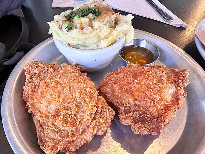 Golden fried perfection served with creamy mashed potatoes – this is what chicken dreams are made of.