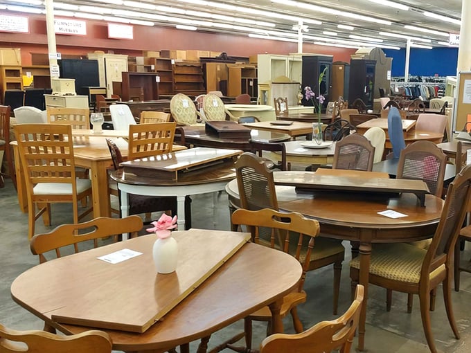 Dining sets that could tell stories. These solid wood tables have probably hosted thousands of family dinners before waiting for their next home.