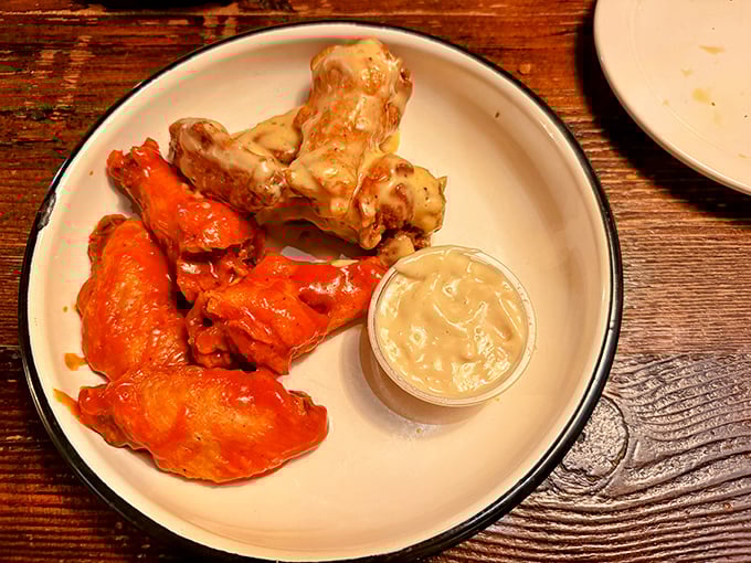 Wings that don't need a complicated backstory—just Buffalo sauce doing what it does best alongside its sophisticated cousin, garlic ranch.