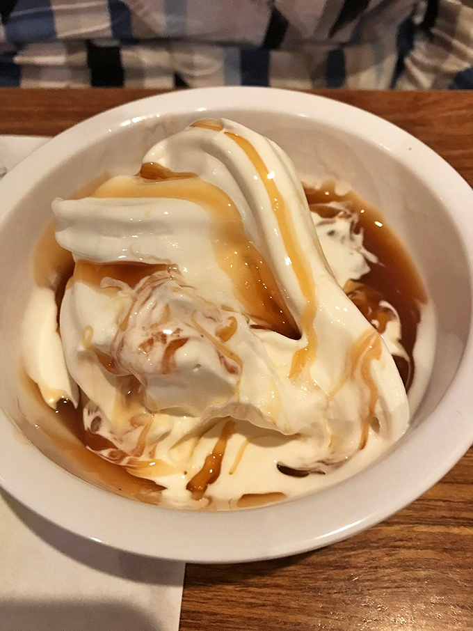 Soft-serve ice cream drizzled with caramel sauce—proof that sometimes the simplest desserts deliver the most profound happiness.