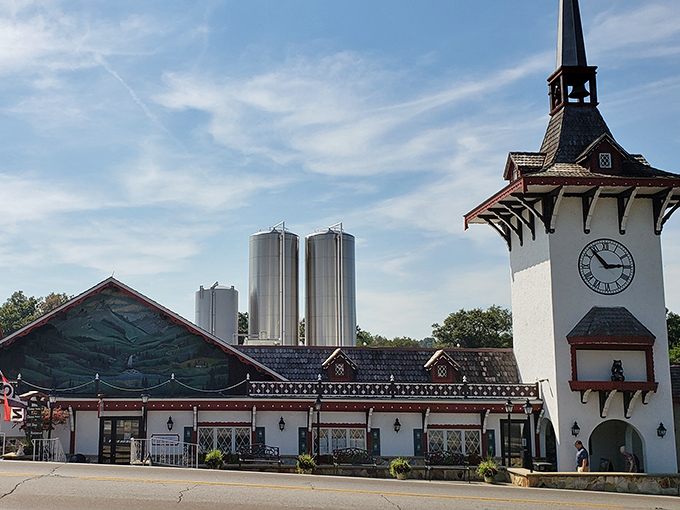 Guggisberg Cheese's distinctive architecture houses dairy magic – those silver silos aren't just for show, they're the first step in creating Ohio's famous Swiss.