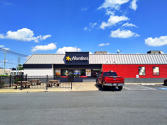 Yes, Harrington has fast food too. This Hardee's serves as both quick meal stop and impromptu community gathering spot under impossibly blue Delaware skies.