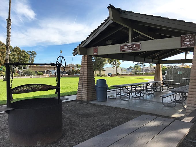 Hardie Park's picnic shelters stand ready for family gatherings, where BBQ smoke mingles with sea breeze in perfect California harmony.