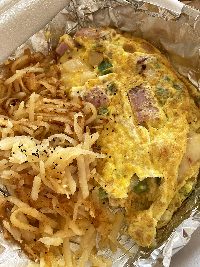 This isn't just an omelet with hash browns—it's breakfast architecture. The crispy potato foundation supporting a fluffy egg masterpiece.