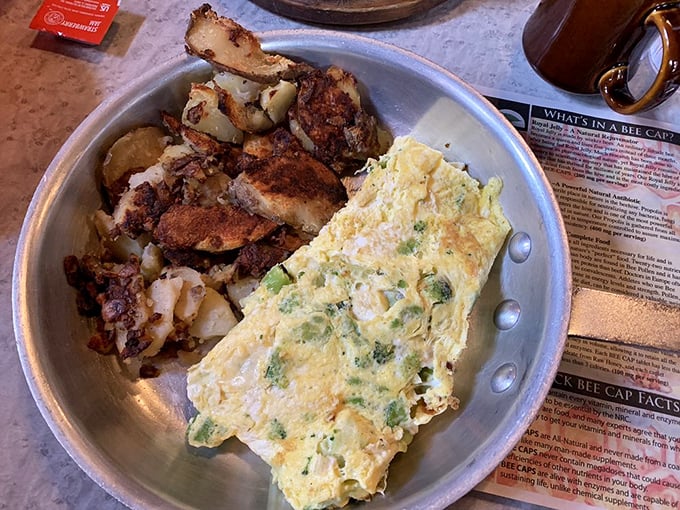 An omelet that's practically doing the backstroke in home fries—this is breakfast that understands the assignment and came prepared with extra credit.