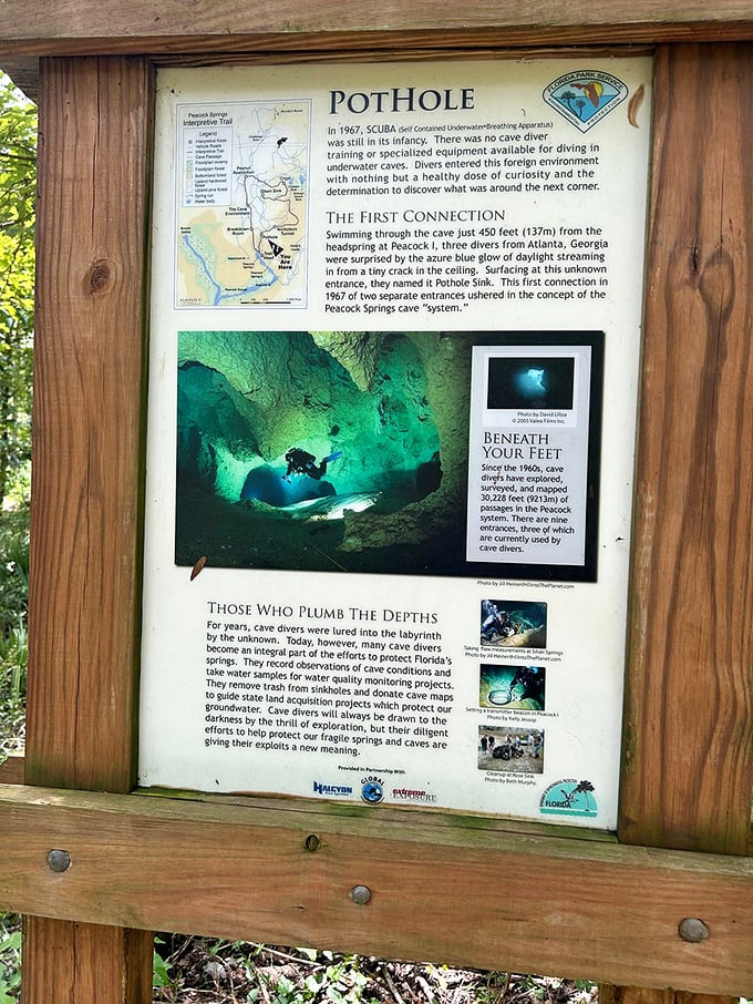 This informational marker tells the tale of brave souls who first ventured into the labyrinth below. Indiana Jones would approve.
