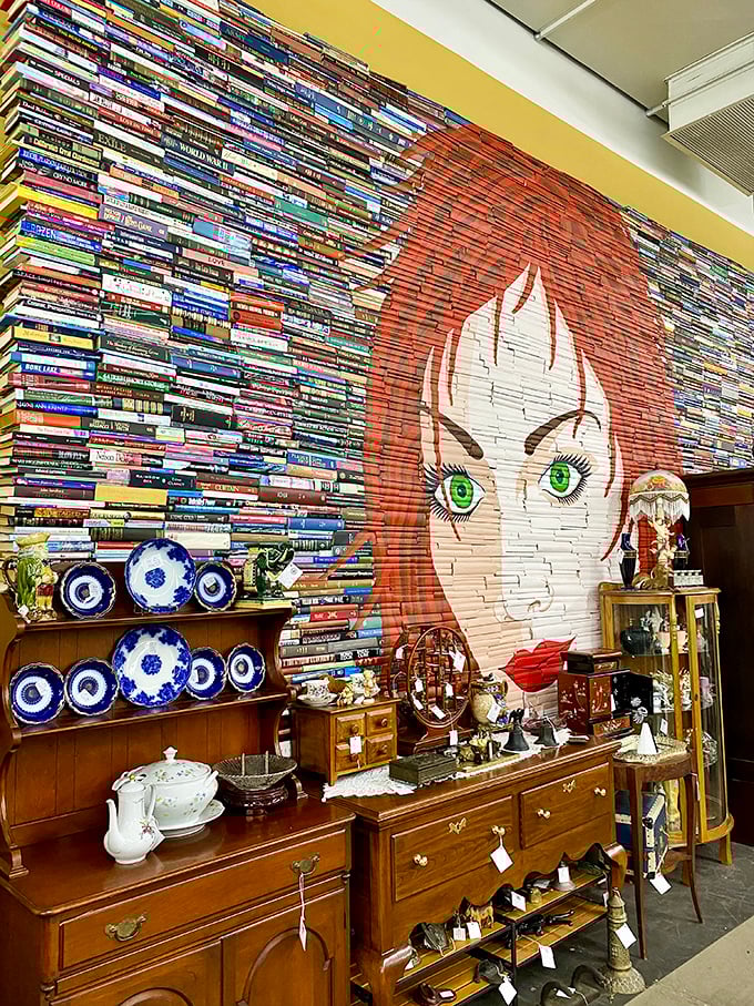 Not just books, but a statement piece. This fiery-haired mural transforms ordinary shelves into an Instagram moment for literary lovers.