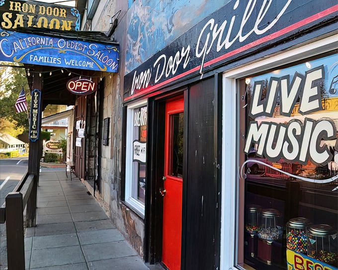 The Iron Door Saloon proudly wears its "California's Oldest" badge, promising cold drinks, live music, and stories that improve with each telling.