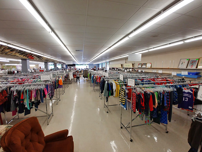 The children's clothing section stretches to the horizon, a colorful sea of possibilities organized by size and season.