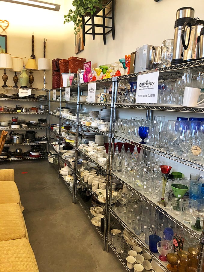Shelves of glassware gleaming like crystal treasures, waiting to upgrade your dinner parties without downgrading your bank account.