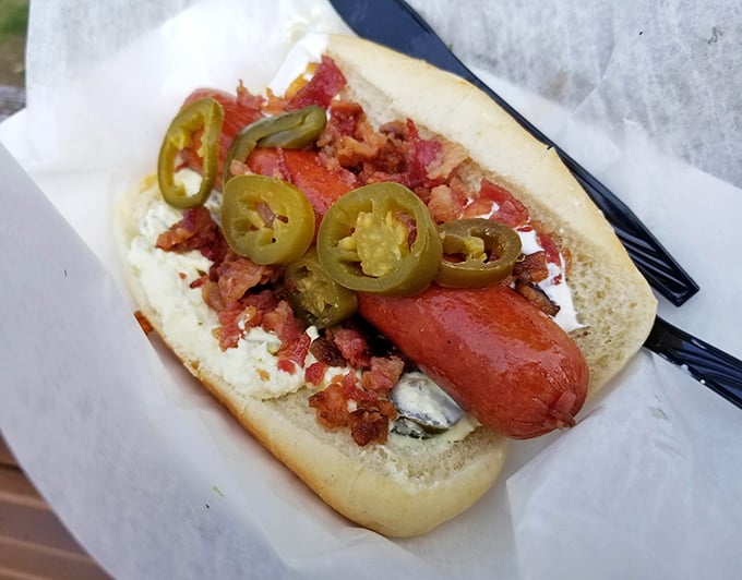 Not just any hot dog—this is edible architecture, where jalapeños, bacon and cream cheese create a savory skyscraper of satisfaction.
