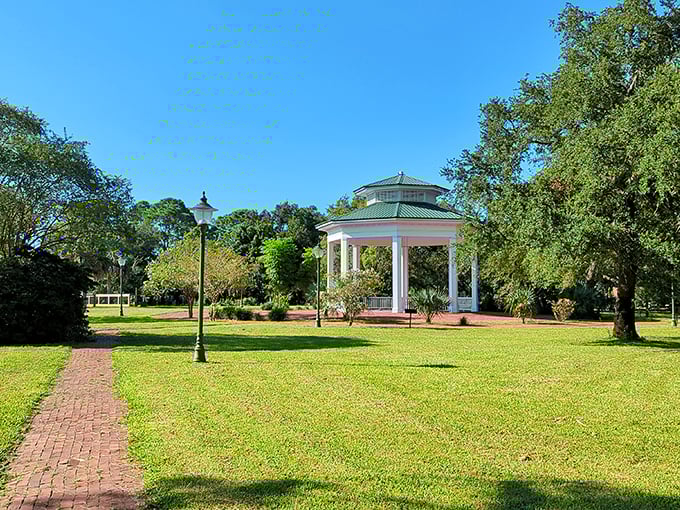 Lafayette Park's gazebo provides the perfect spot for contemplation, proving that sometimes the best retirement activity is simply doing nothing at all.