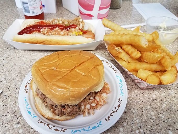 The barbecue sandwich in its natural habitat—simple, unpretentious, and absolutely magnificent. That soft bun cradles chopped pork like it's holding the Hope Diamond.