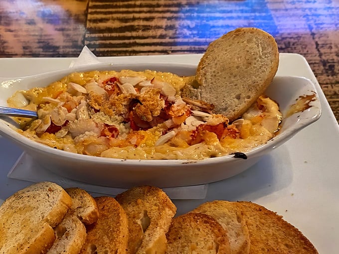 Lobster mac and cheese that doesn't whisper luxury—it announces it with a megaphone and a shower of buttery breadcrumbs.