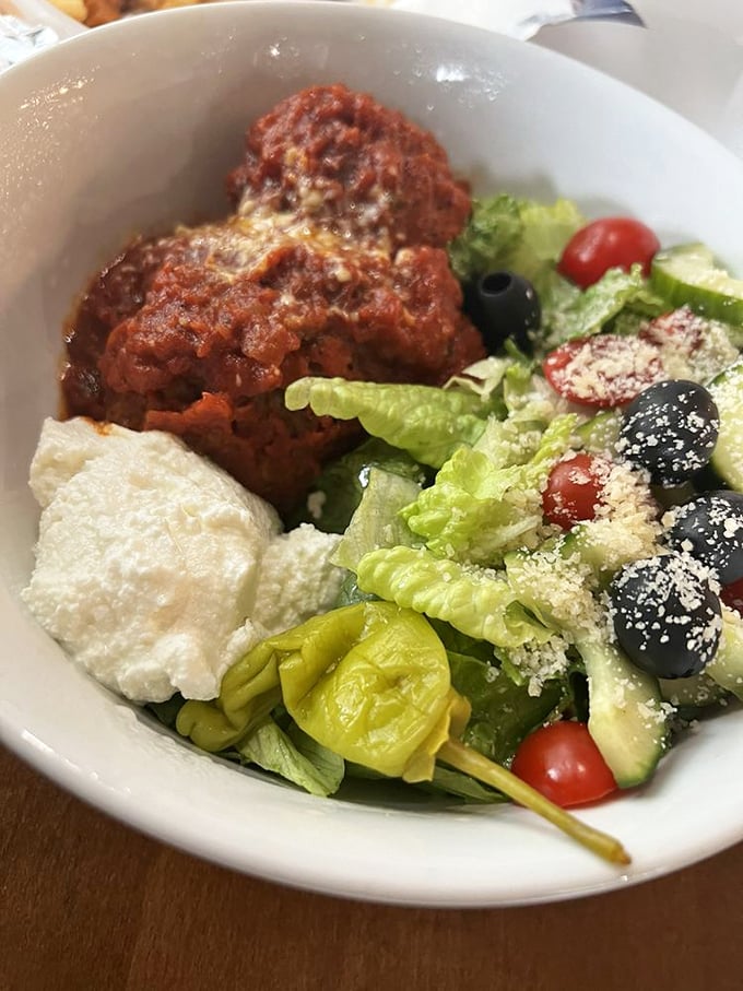 The meatball salad—where virtuous greens meet rebellious meatballs. It's the culinary equivalent of wearing a tuxedo with sneakers, and it works brilliantly.