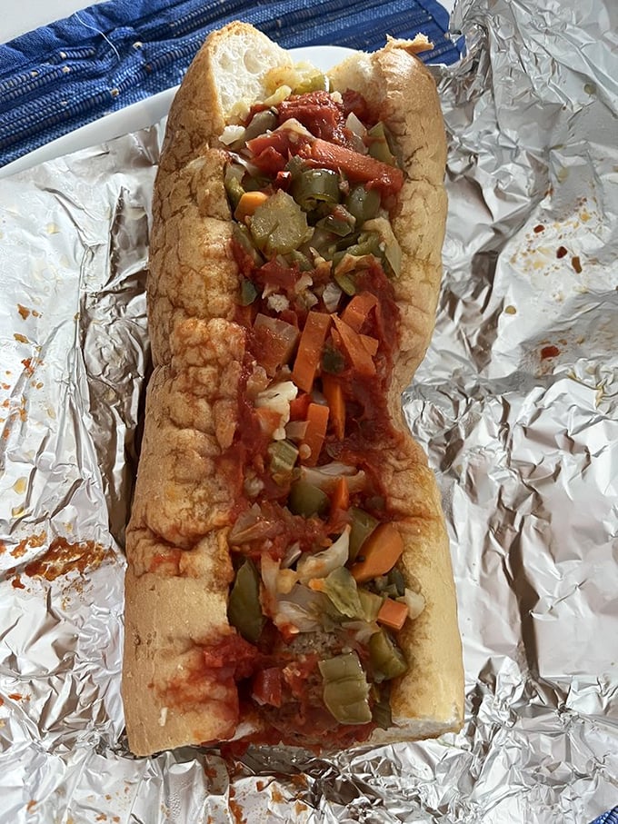 The Italian veggie sub isn't trying to win beauty contests—it's too busy delivering a symphony of flavors in every messy, magnificent bite.