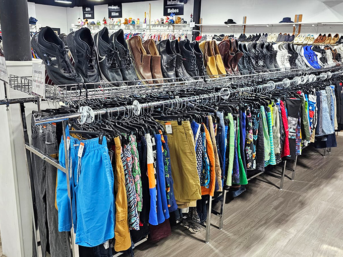 The men's section offers a colorful parade of possibilities – where your next favorite shorts and barely-worn dress shoes are playing hard to get.