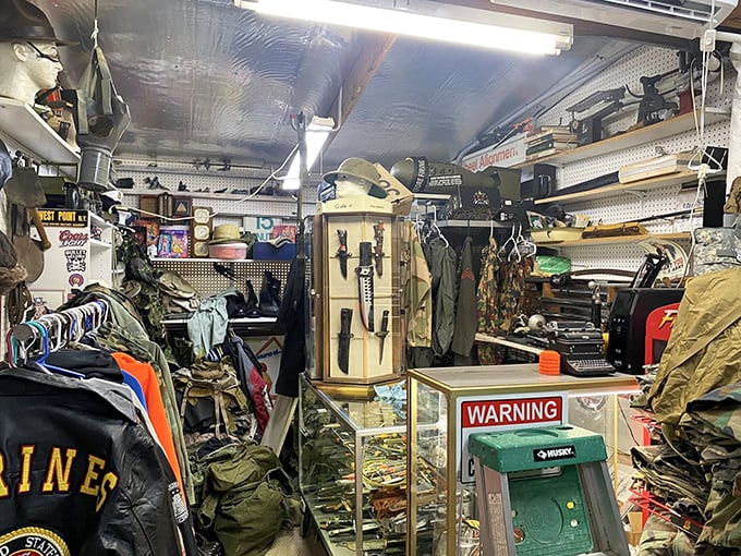 Military enthusiasts can spend hours in this packed stall where vintage uniforms hang alongside display cases of historical artifacts.