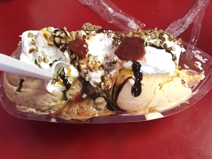Moonshine ice cream with all the fixings – proof that combining vices sometimes creates virtues. The bourbon-soaked cherries are practically a health food.