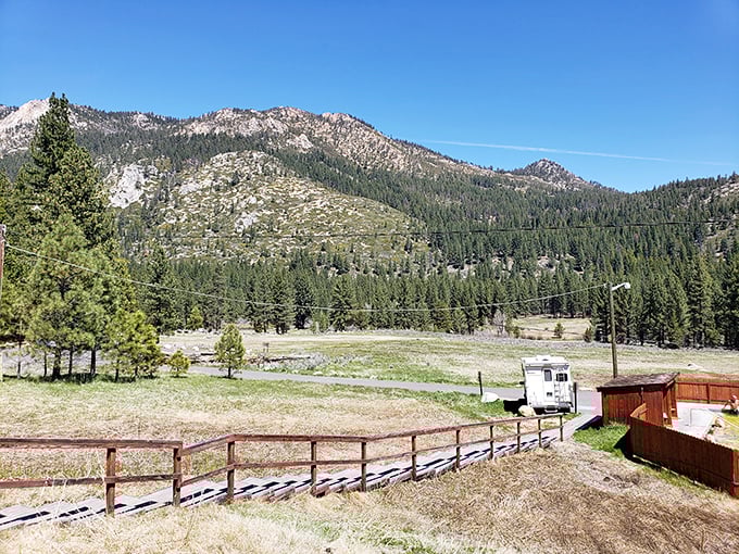 The Sierra Nevada mountains cradle Markleeville in a panoramic embrace that makes smartphone wallpapers look woefully inadequate.