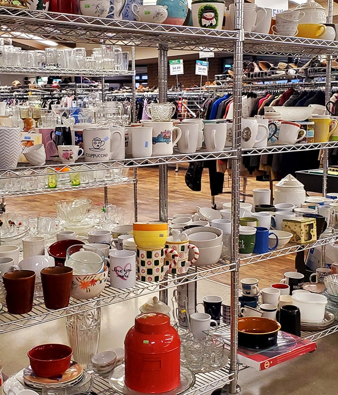The mug section: where coffee vessels of every era congregate. From corporate giveaways to vacation souvenirs, each has a story waiting for a new chapter.