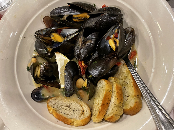 These mussels aren't just opened, they're having a full-blown conversation with that grilled bread, telling tales of white wine, garlic, and the sea.