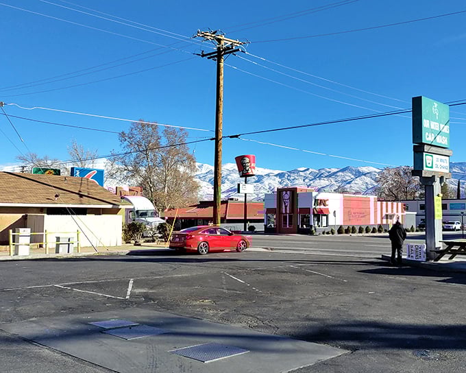 Fast food chains bow to mountain views in Bishop. Even that KFC bucket seems humbled by the Eastern Sierra backdrop.
