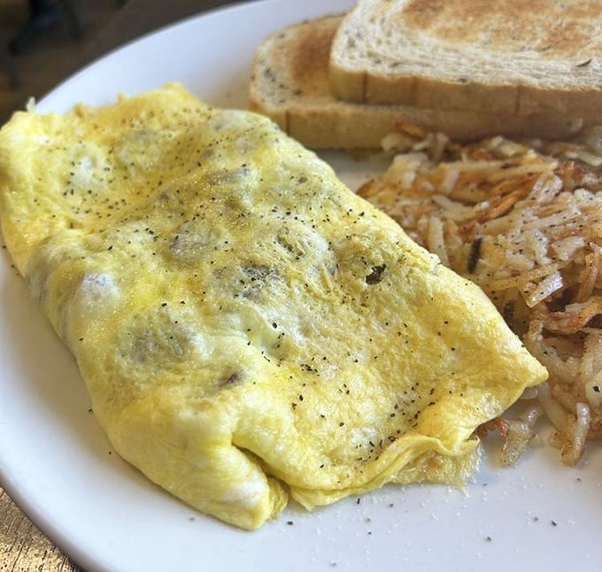This omelet doesn't need to show off—it knows exactly what it is: fluffy eggs embracing melted cheese with perfectly crisped hash browns standing guard.