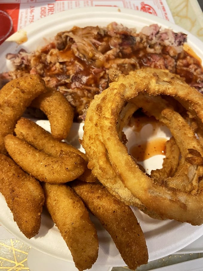 BBQ and onion rings join forces on this plate like the culinary dream team your taste buds have been waiting for.
