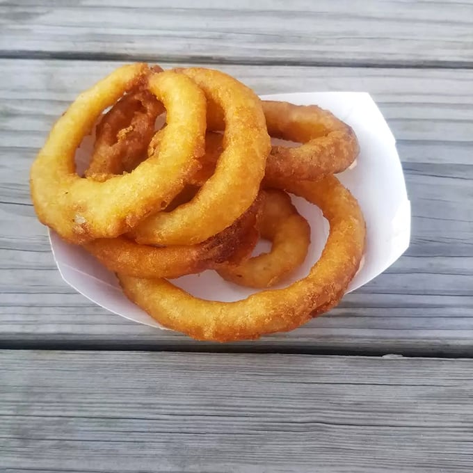 Golden halos of deep-fried perfection. These onion rings achieve that mythical balance – crispy exterior giving way to sweet, tender onion within.