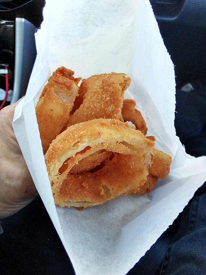 Golden-brown onion rings that shatter with each bite – the perfect car snack that somehow tastes better when eaten behind a steering wheel.