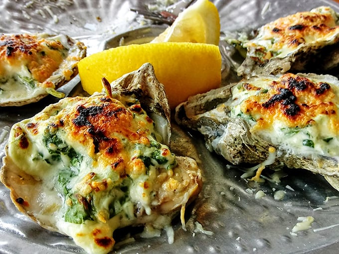 These bacon-crowned beauties arrive bubbling hot, proving that oysters know how to dress for dinner properly.