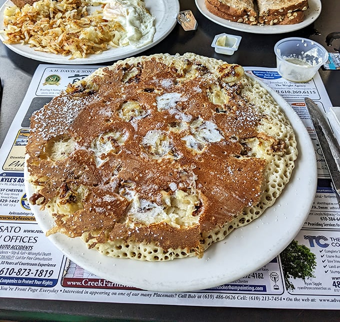 This isn't just a pancake—it's an edible work of art. Golden-brown, crater-filled, and dusted with powdered sugar like the first snow of winter.