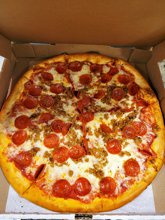 Pizza perfection doesn't need fancy toppings—just this harmonious trinity of pepperoni, ground meat, and cheese on a golden crust.