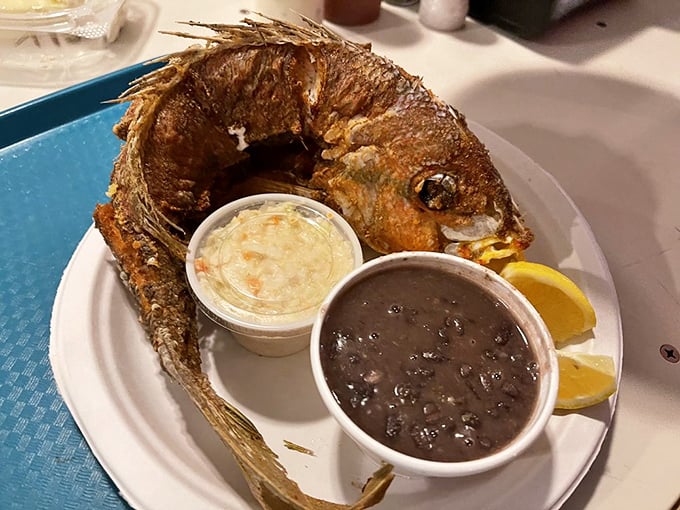Whole fried fish arrives like Neptune's gift, complete with black beans and island attitude.