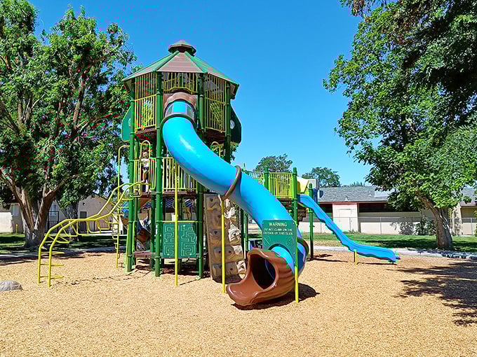 This playground isn't just for kids—it's a reminder that sometimes the simplest pleasures, like a perfect blue slide against blue skies, matter most.
