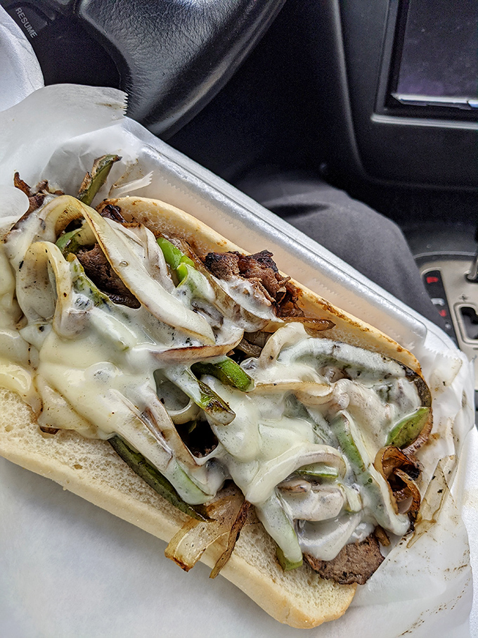 The Philly's Finest in its natural habitat—your car. Some sandwiches are so good they can't wait for proper seating arrangements.