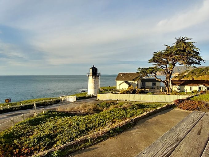 The complete package: historic lighthouse, charming buildings, and that quintessential California cypress tree silhouette against an endless Pacific horizon.