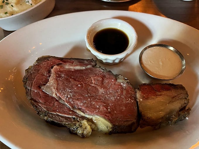 Prime rib so perfectly cooked it makes you wonder if the chef has some sort of meat telepathy. Those sauces are just showing off.