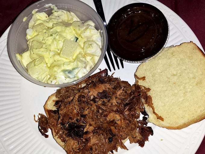 Pulled pork that looks like it's been combed by angels, potato salad that grandma would approve of, and sauce that demands to be the center of attention.