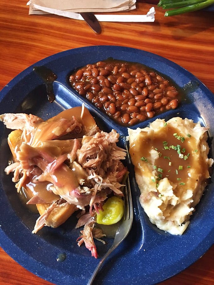 The pulled pork arrives with beans and those legendary mashed potatoes—a holy trinity of comfort that might just make you relocate to Missouri.