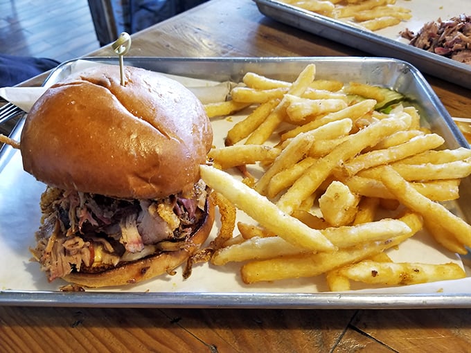 When pulled pork meets brioche bun, beautiful things happen – especially with those golden fries as witnesses.