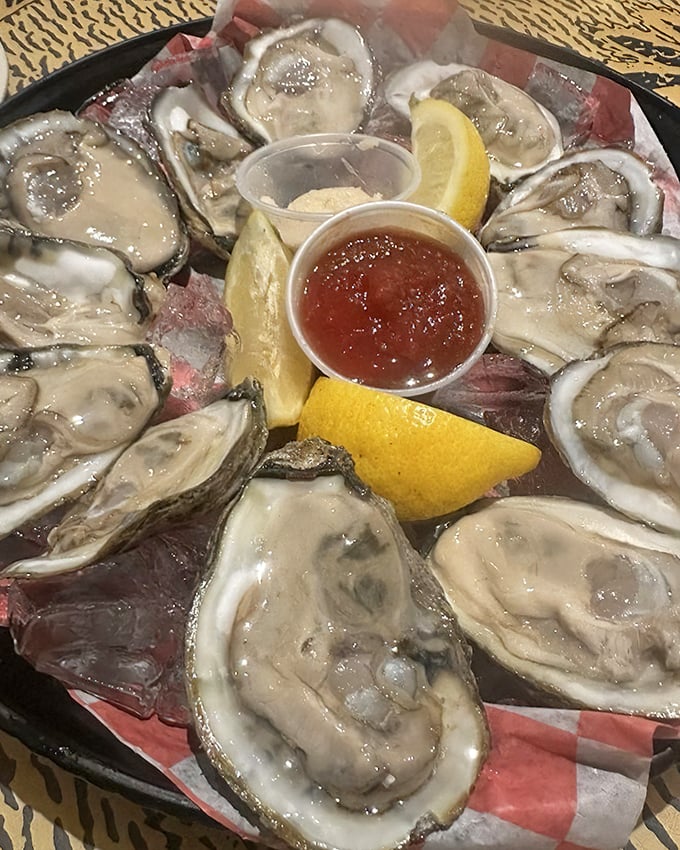 These oysters arrive like celebrities on a red carpet—fresh, glistening, and ready for their close-up with lemon and cocktail sauce.