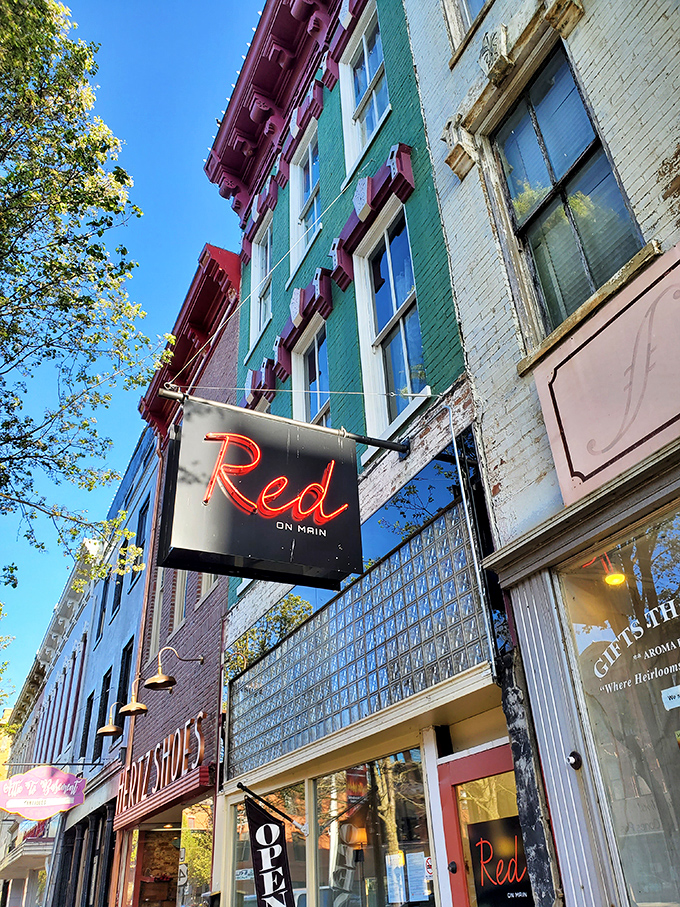 "Red on Main" glows like a beacon for the hungry and thirsty. In small towns, the best restaurants aren't just about food—they're community living rooms.