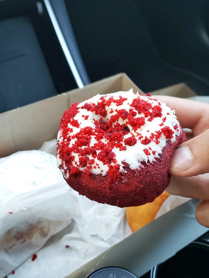 The red velvet donut doesn't just wear its crimson hue proudly – it's dressed for the Hollywood red carpet of breakfast pastries.