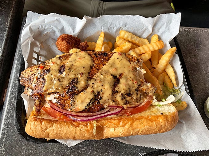 The Redfish Po' Boy: proof that sometimes the best things in life come wrapped in paper.