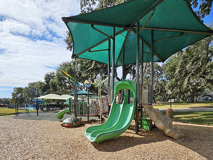 Playgrounds where grandkids can burn energy while grandparents preserve theirs—a win-win scenario at Rogers Park.