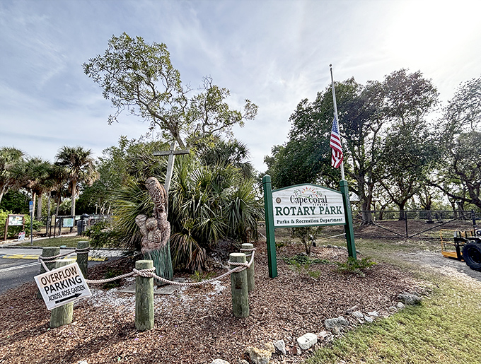 Rotary Park's entrance promises Old Florida charm without the Old Florida prices. Those palm trees have witnessed more retirement celebrations than a gold watch factory.