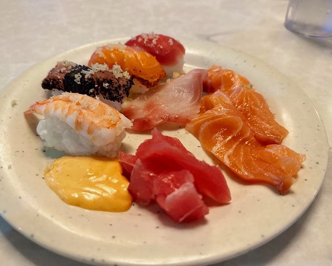 This sushi plate is like a colorful passport to Japan—no flight required, just an appetite for adventure and fresh fish.